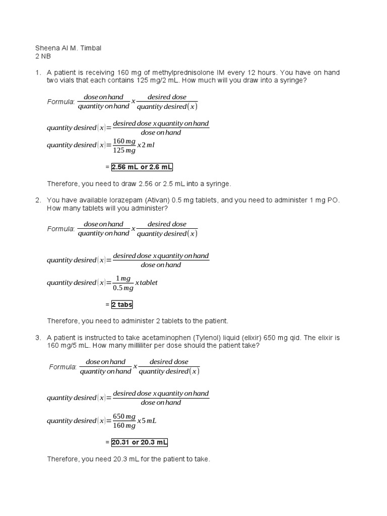 Desired Dose Xquantity Onhand 160 MG 125 MG: Formula | PDF ...