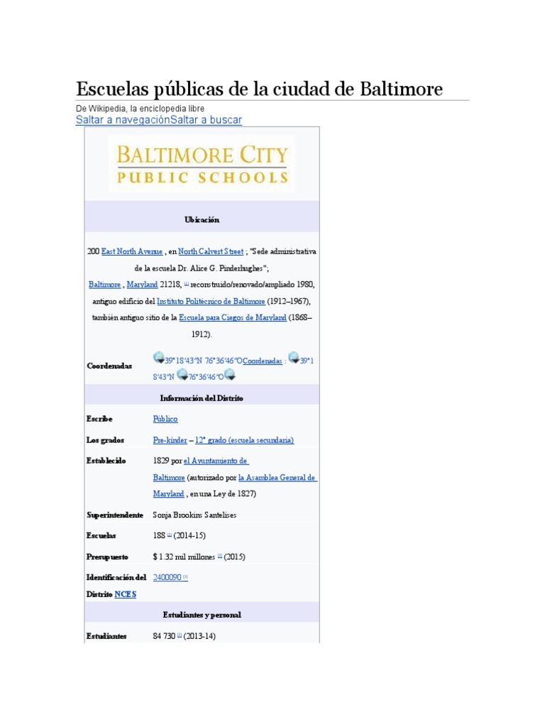 Escuelas Públicas de La Ciudad de Baltimore | PDF | Baltimore | Wikipedia