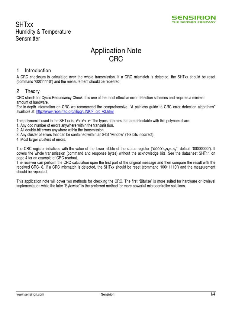 CRC Calculation Humidity Sensor E | PDF | Error Detection And ...