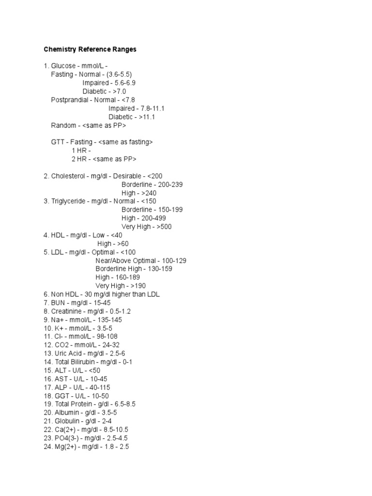 Chemistry Reference Ranges | PDF | Science & Mathematics