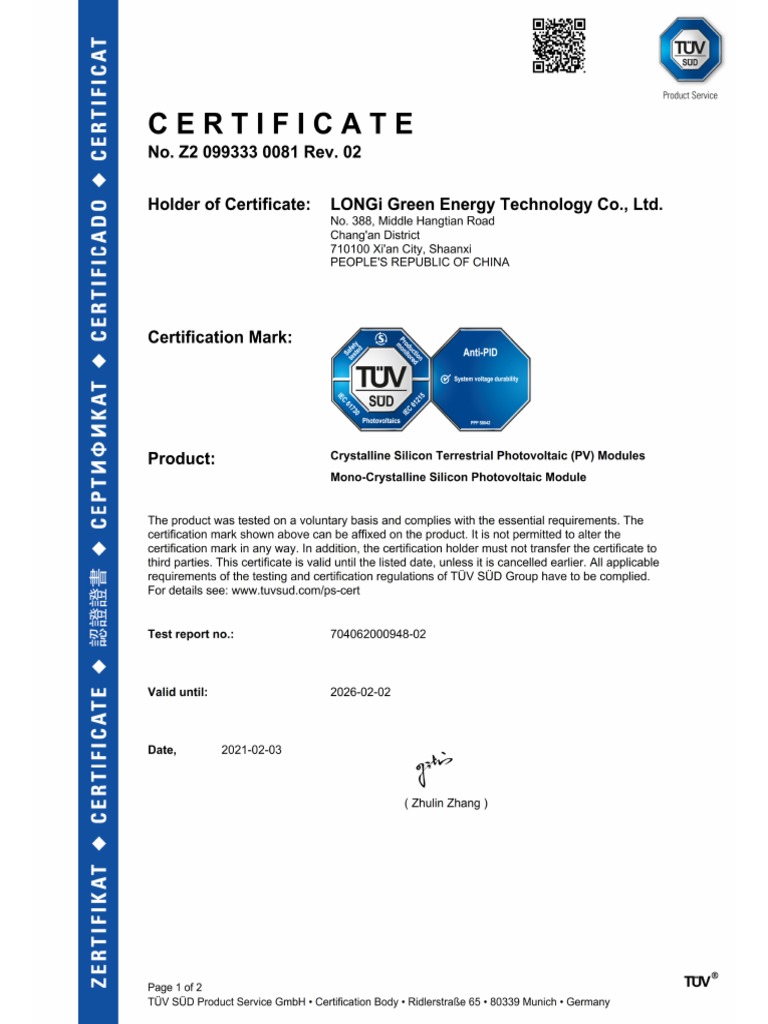 Certificado Panel Solar Longi 545W | PDF