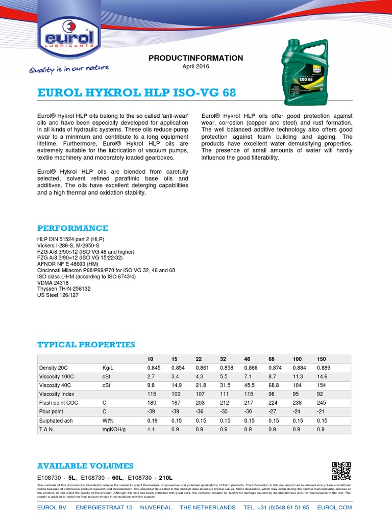 Eurol Hykrol HLP ISO-VG 68 | PDF | Materials | Chemistry