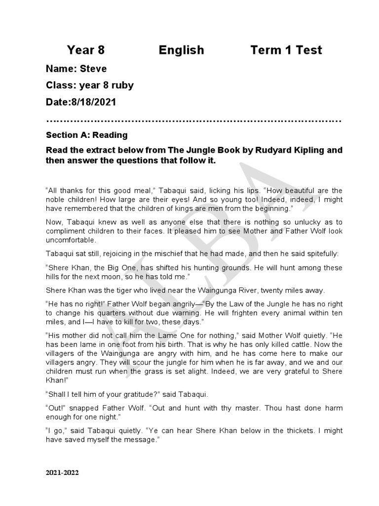 Year 8 English Term 1 Test: Name: Steve Class: Year 8 Ruby Date:8/18 ...