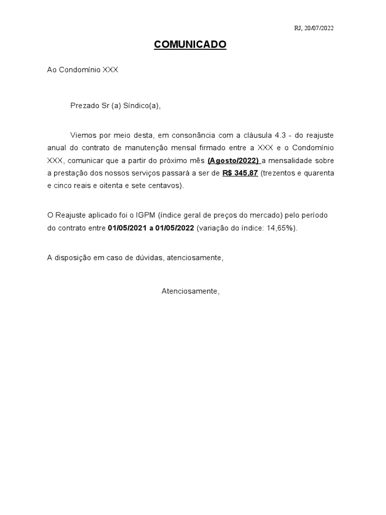 Reajuste Anual Contrato | PDF