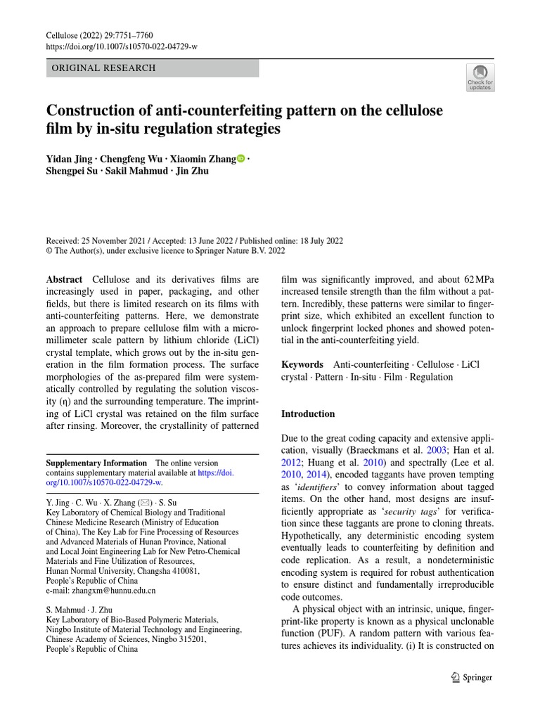 Construction of Anti Counterfeiting Pattern On The Cellulose Film by in ...