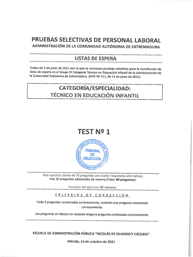 EXAMEN APLAZAMIENTO (1) Técnico de Educación Infantil | PDF