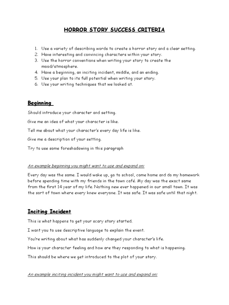 Horror Story Success Criteria and Plan | PDF | Plot (Narrative)