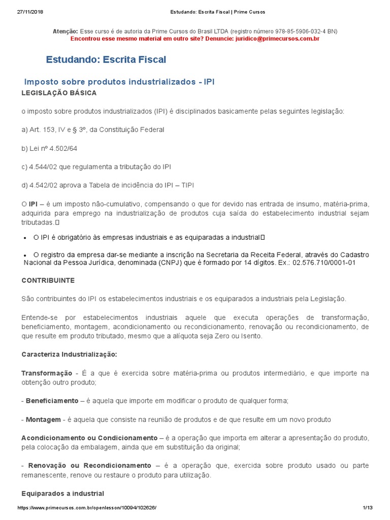 4 - Imposto Sobre Produtos Industrializados - IPI | PDF | Impostos ...