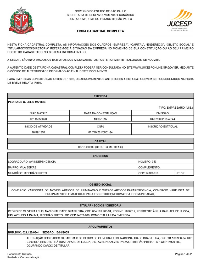 Ficha Cadastral Completa - NIRE 35115053378 | PDF | Brasil