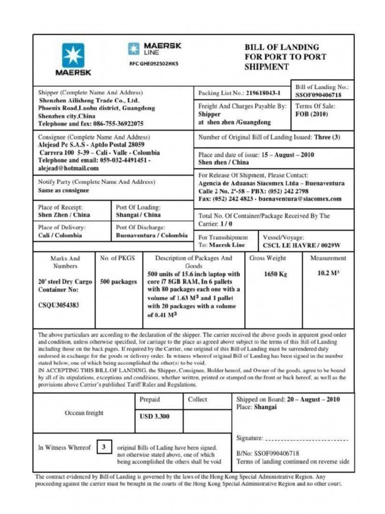 Bill of Lading Colombia | PDF