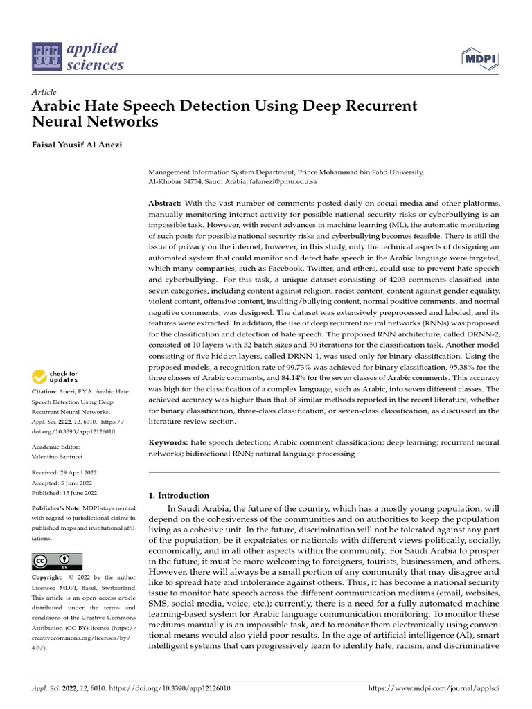 Applied Sciences: Arabic Hate Speech Detection Using Deep Recurrent Neural Networks | PDF ...
