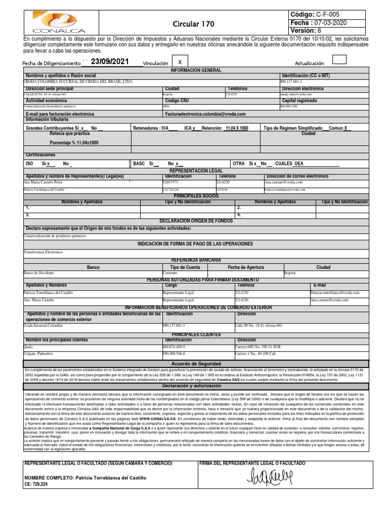 Circular 170: Código: C-F-005 Fecha: 07-03-2020 Versión: 6 | PDF | Información | Economias