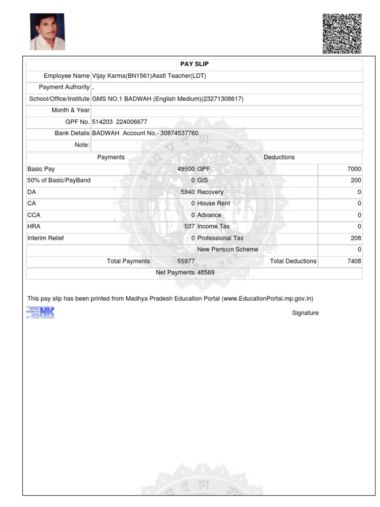 MP Teacher Monthly Pay Slip | PDF