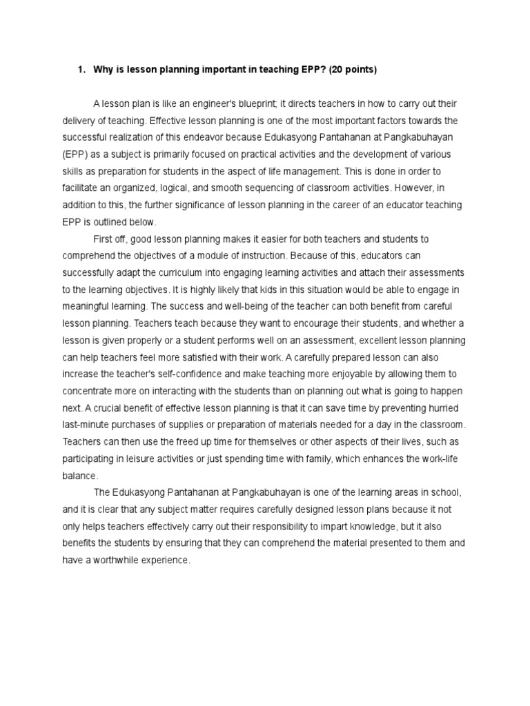Why Is Lesson Planning Important in Teaching EPP? (20 Points ...
