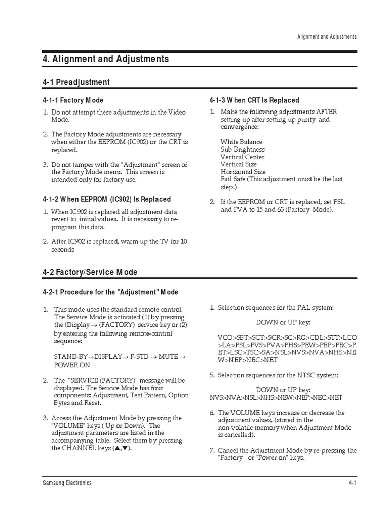 Alignment and Adjustments: 4-1 Preadjustment | PDF | Manufactured Goods | Information And ...