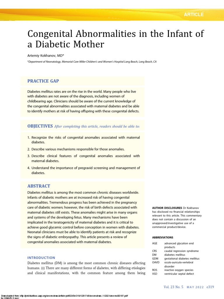 Congenital Abnormalities in The Infant of A Diabetic Mother: Practice Gap | PDF | Congenital ...