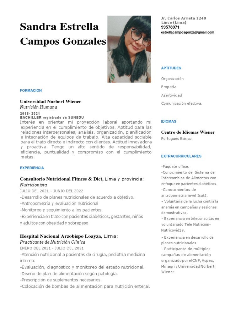 CV de Sandra Estrella Campos Gonzales | PDF | Nutrición | Dieta y nutrición