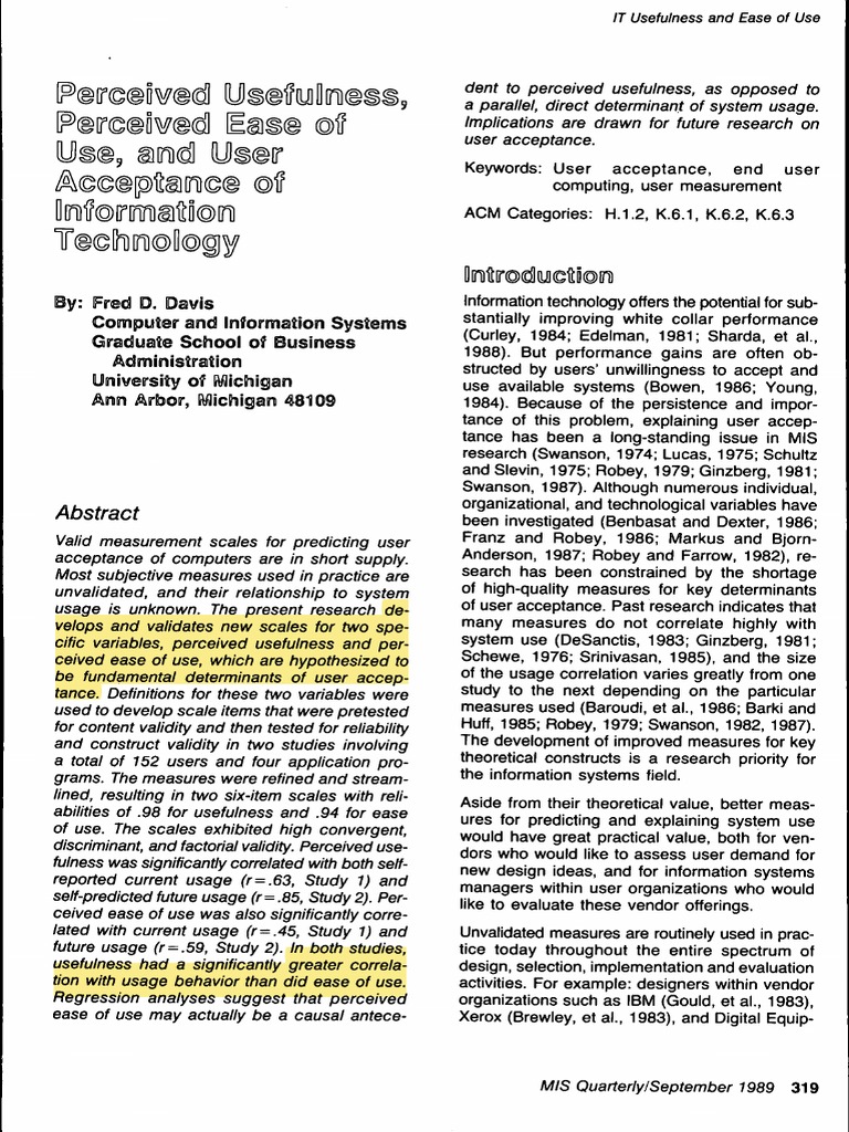 Davis - 1989 - Perceived Usefulness, Perceived Ease of Use, and U | PDF | Usability | Validity ...