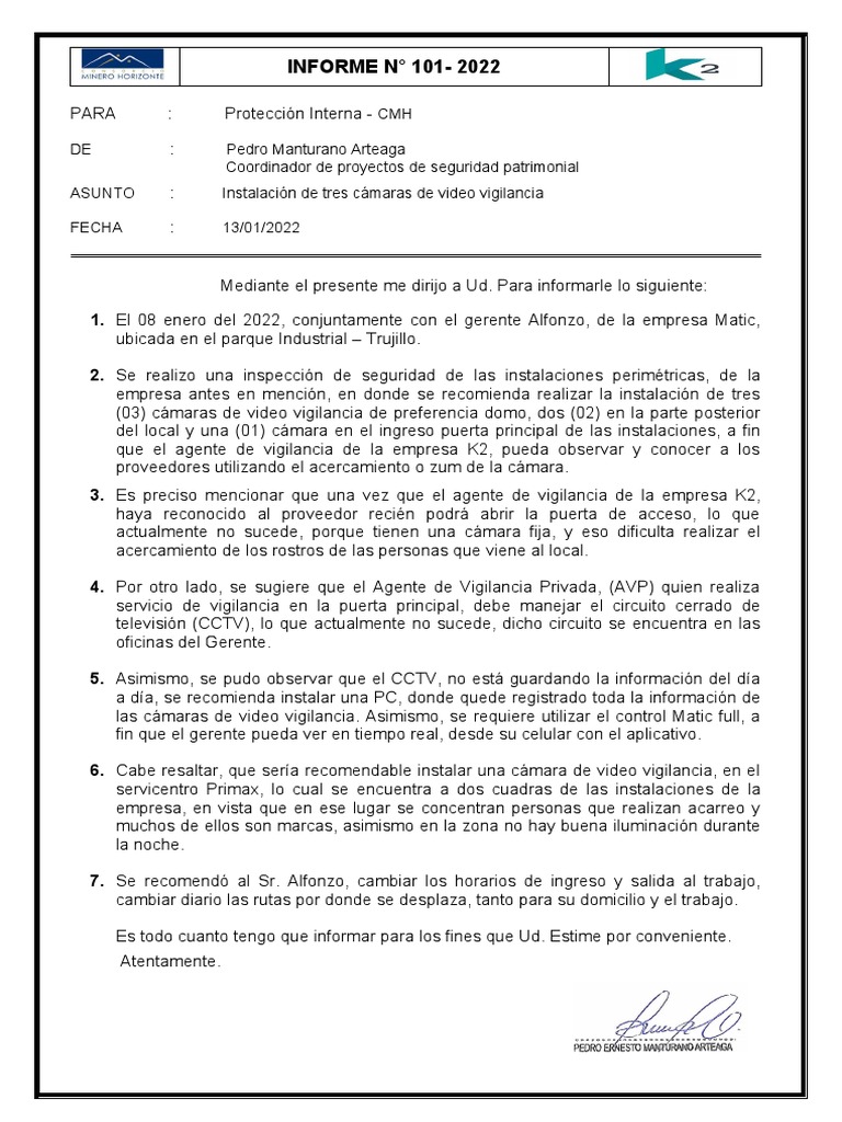 Informe #101 Instalación de CCTV | PDF | Circuito cerrado de televisión