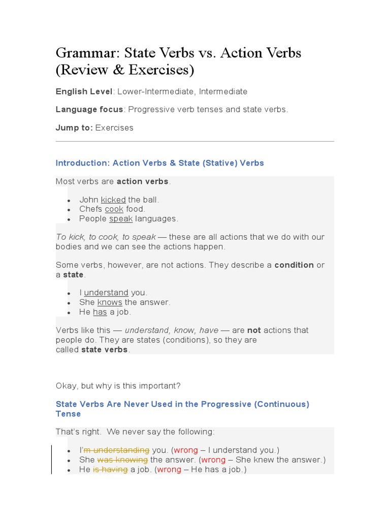 State Verbs vs. Action Verbs | PDF | Grammatical Tense | Verb