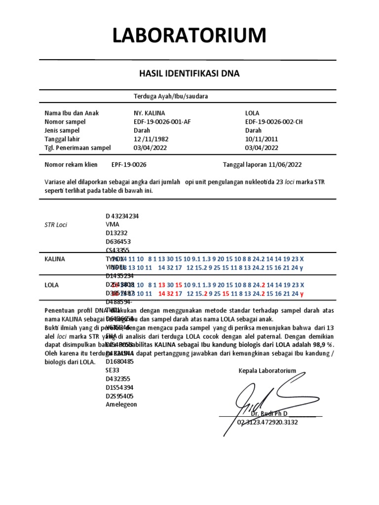Surat Hasil Tes DNA Ibu dan Anak | PDF