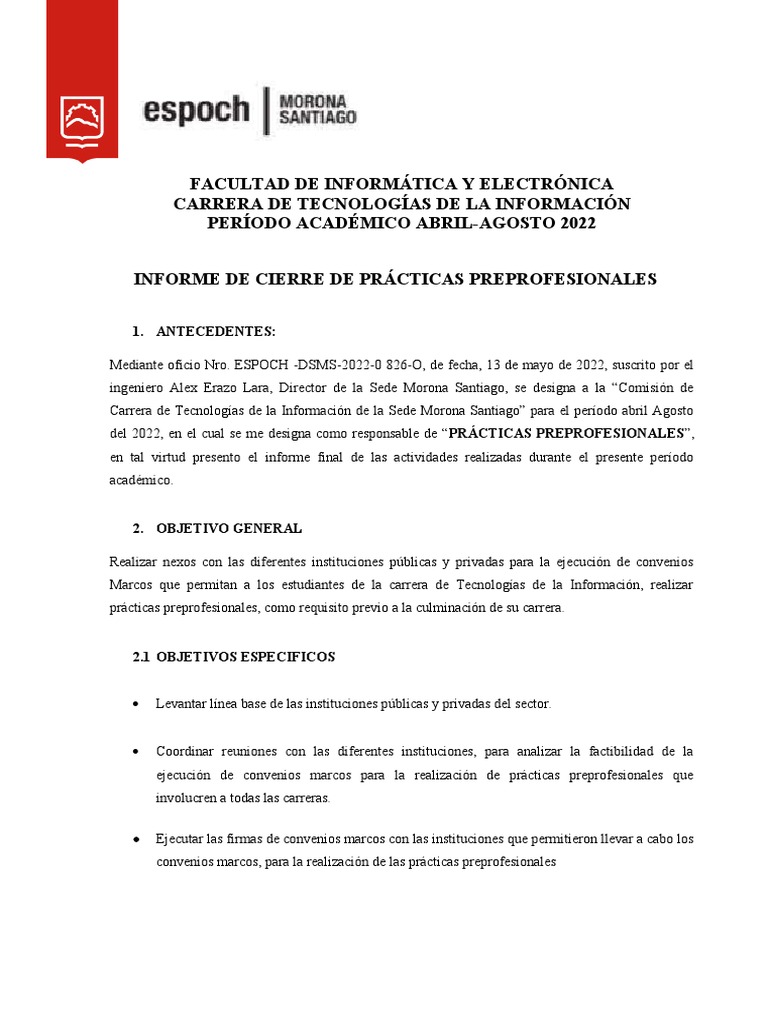 Informe de Practicas Pre Profesionales | PDF