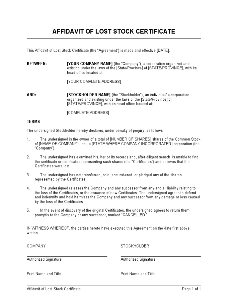Affidavit of Lost, Stolen or Destroyed Stock Certificate D994 | PDF ...