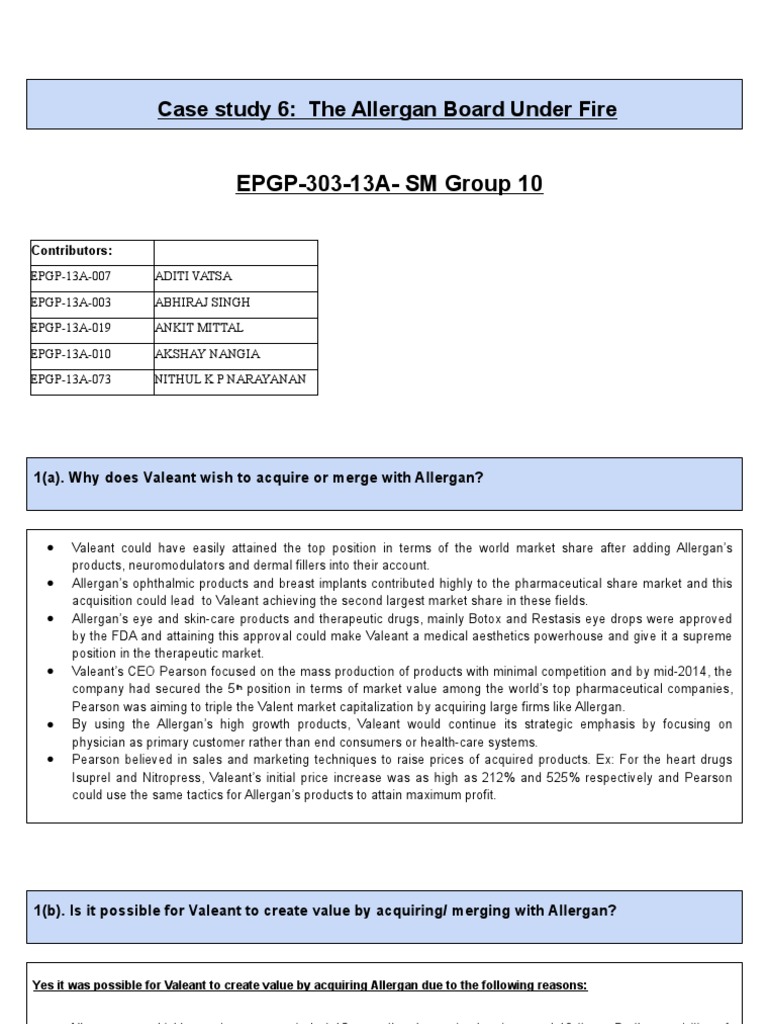Case Study 6: The Allergan Board Under Fire: EPGP-303-13A-SM Group 10 | PDF | Insider Trading ...