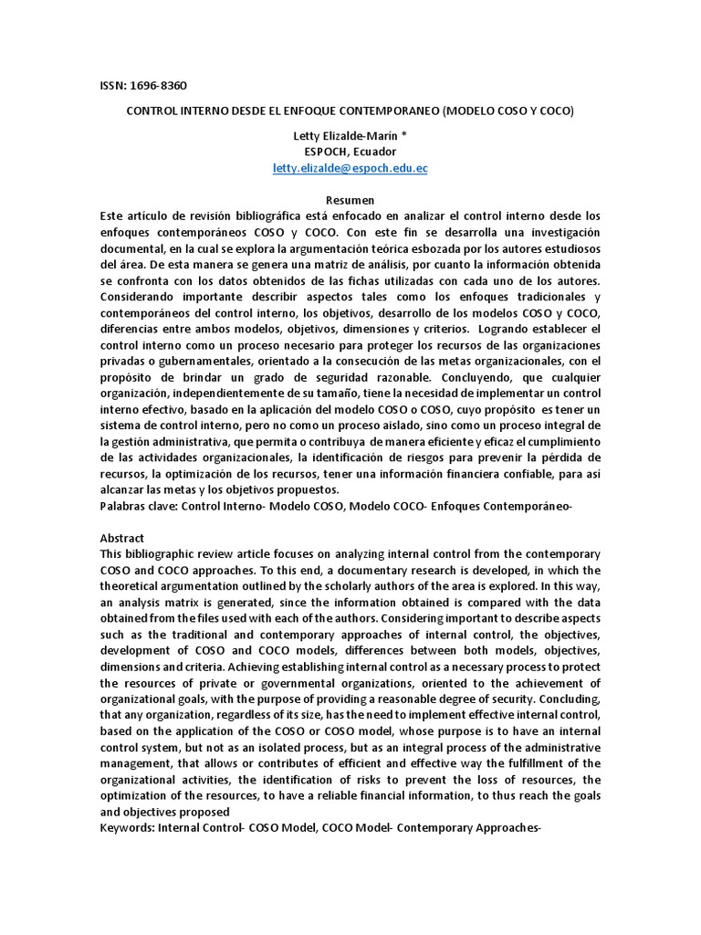 Control Interno Desde El Enfoque Contemporaneo (Modelo Coso y Coco) | PDF | Evaluación | Business