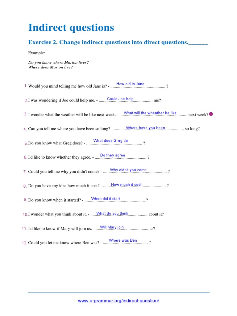 CL Indirect questions worksheet 2 | PDF
