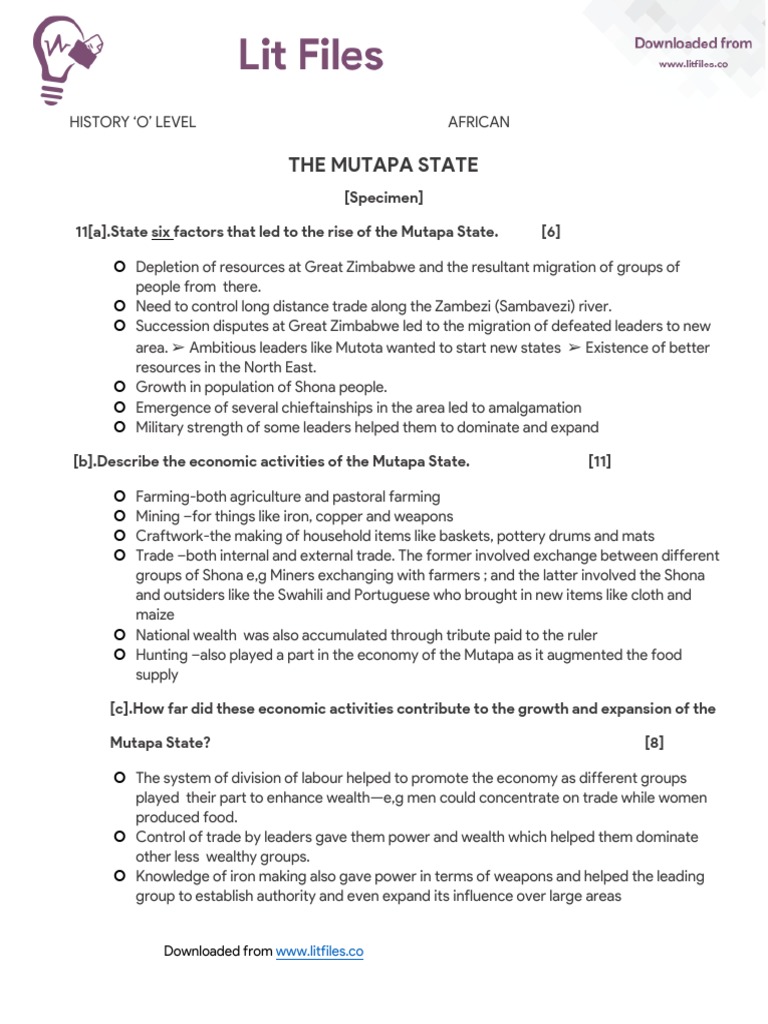 The Mutapa State: (Specimen) 11 (A) .State Six Factors That Led To The ...