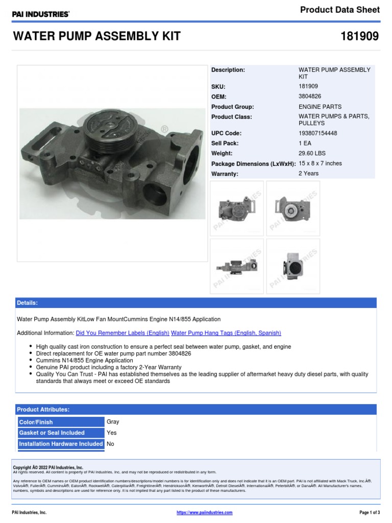 Water Pump Assembly Kit 181909: Description | PDF | Pump | Water