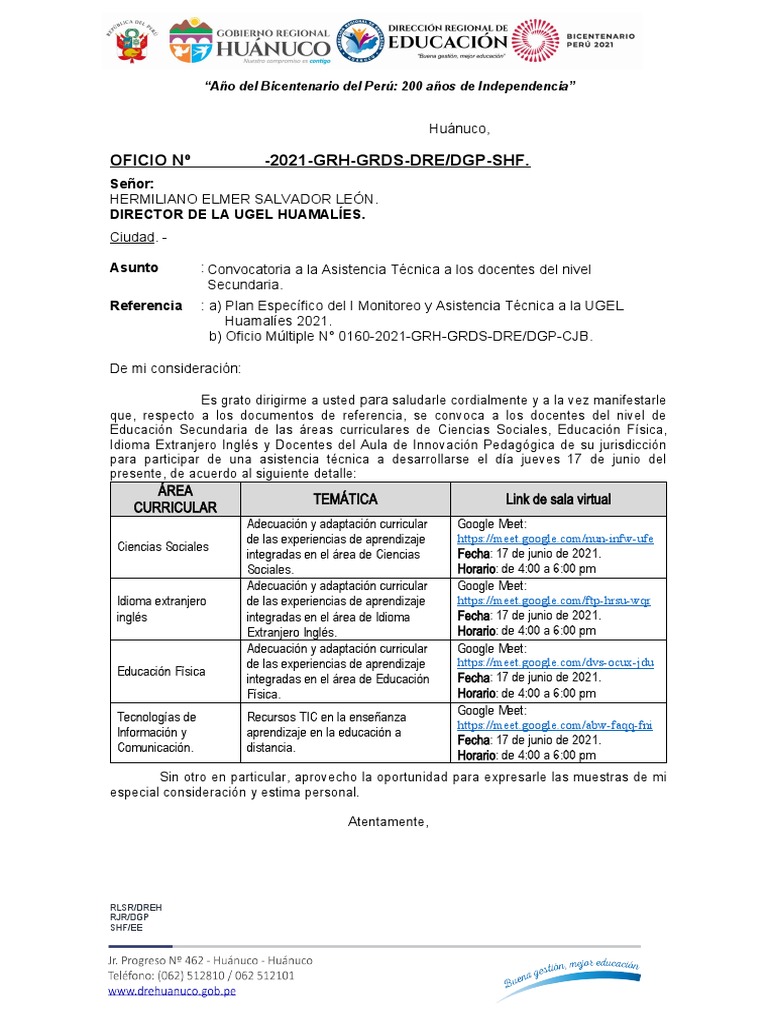 Oficio #-2021-Grh-Grds-Dre-Dgp-Shf - Ugel Huamalíes | PDF | Método de enseñanza | Teoría de la ...