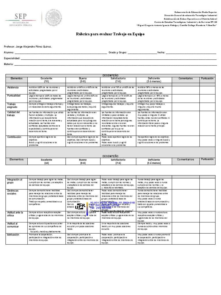 Rubrica para Evaluar Trabajo en Equipo | PDF