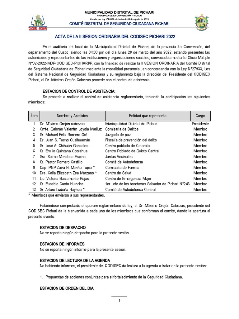 Seguridad Ciudadana Acta N°001 Sesion Ordinaria Codisec Ii | PDF | Ciencias de la Salud | Crímenes