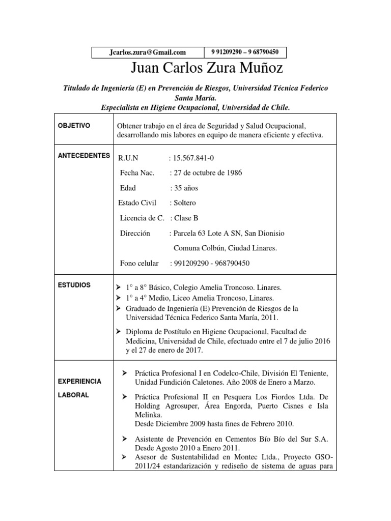 CV Juan Zura Higienista | PDF | Ciencias de la Salud | Lugar de trabajo