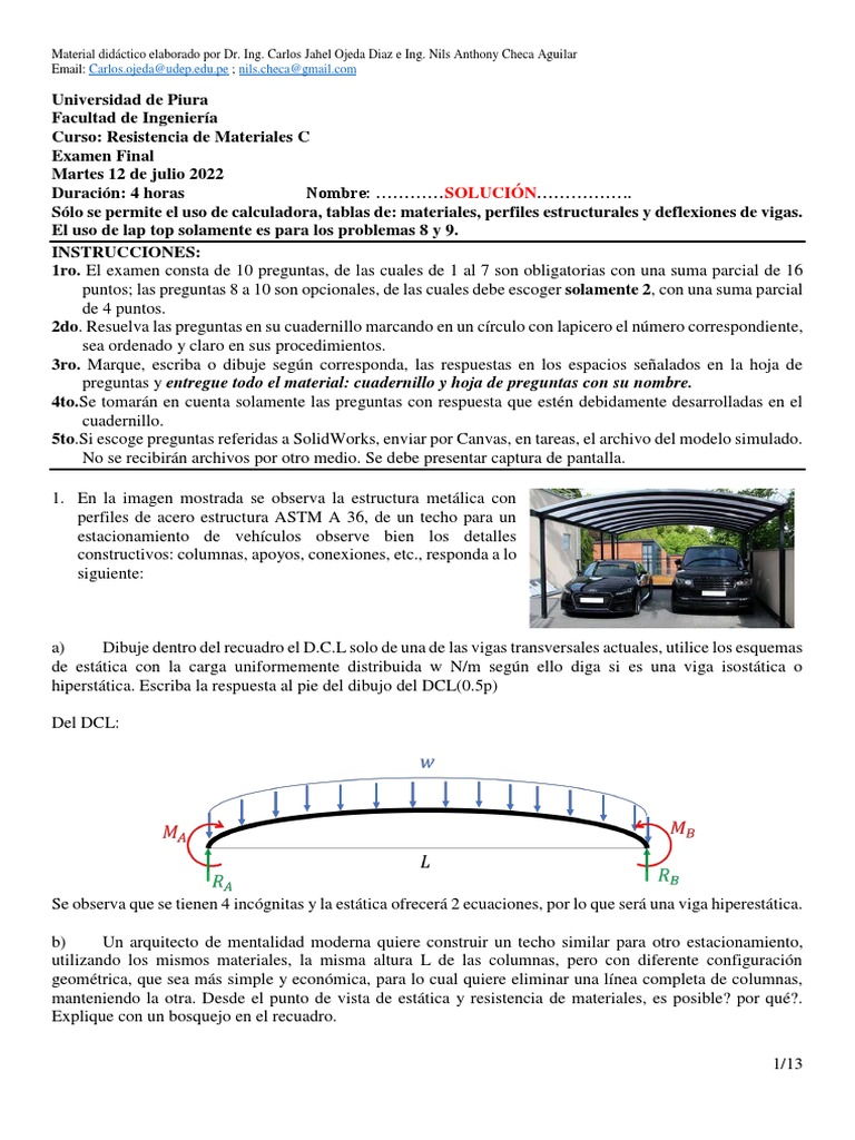 Sol ExF RMT 2022 I | PDF | Viga (Estructura) | Ingeniería mecánica