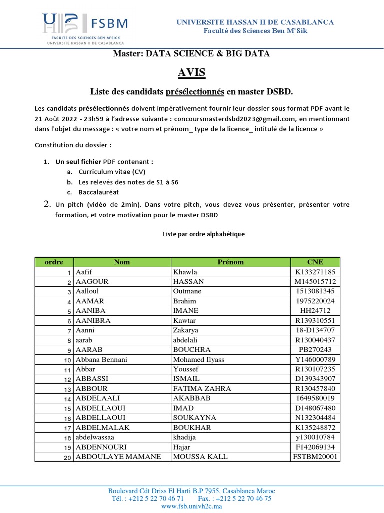 Listeconcours Master DSBD 2023-f | PDF