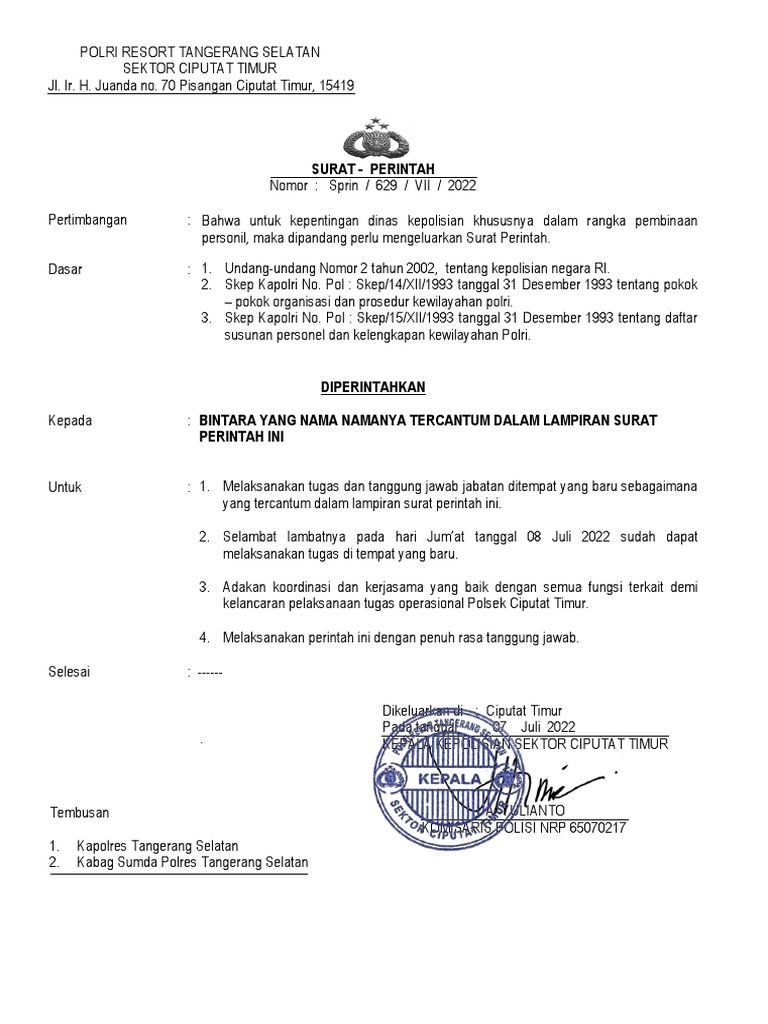 Sprin Mutasi Internal Polsek Ciputat Timur 2022 | PDF