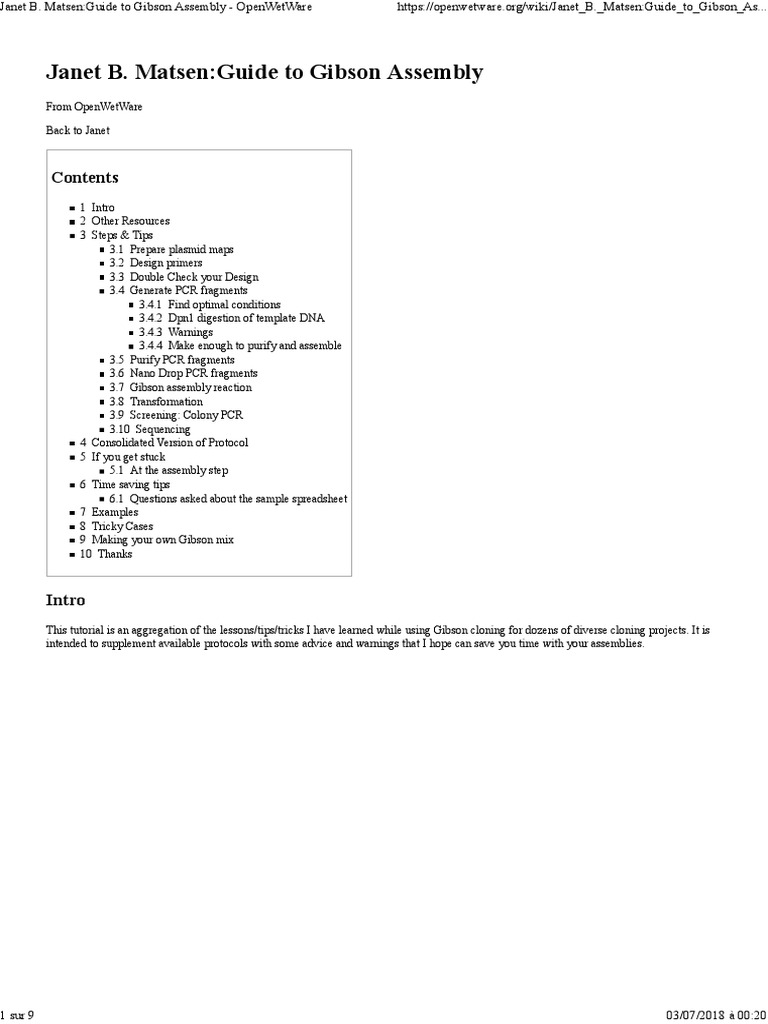 Janet B. Matsen:Guide To Gibson Assembly | PDF | Primer (Molecular ...