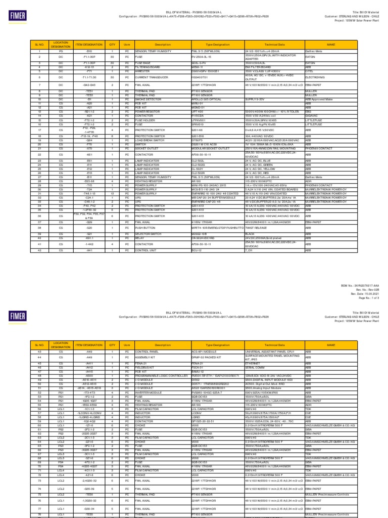 BILL OF MATERIAL - PVS980-58-5000kVA-L Configuration: PVS980-58-5000kVA-L+K475+F296+F263+30H382 ...