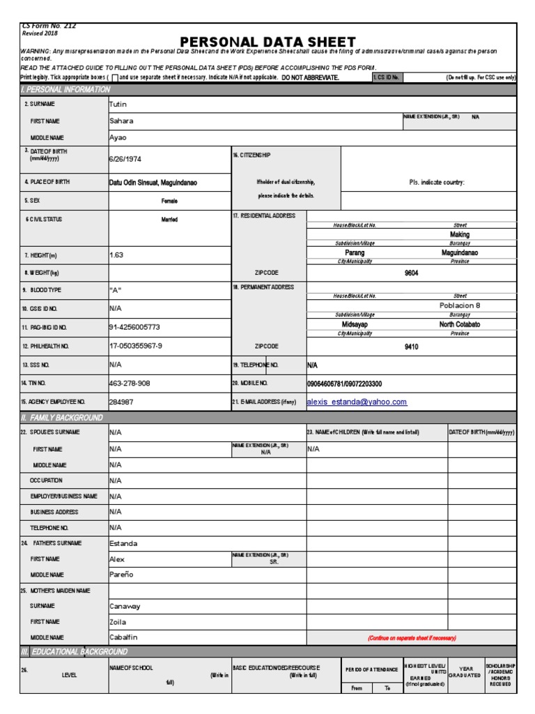 2 Personal Data Sheet Cs Form No 212 Revised 2018 | PDF | Government ...