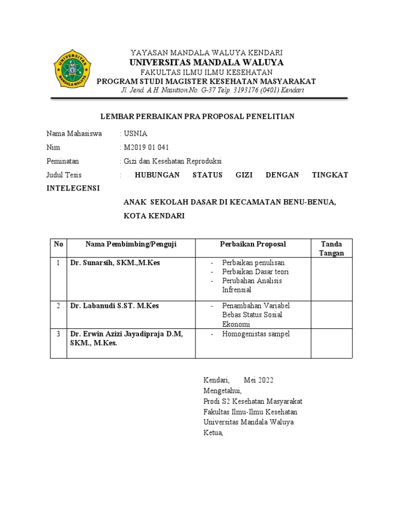 LEMBAR PERBAIKAN PRA PROPOSAL PENELITIAN Bu USNIA | PDF