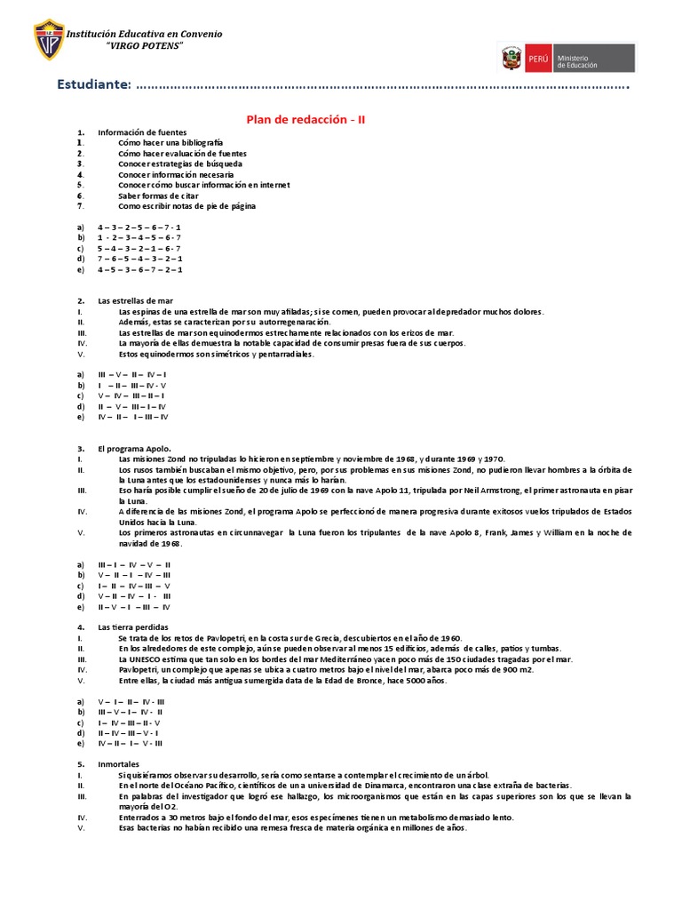 Ejercicios II Plan de Redacción | PDF | Programa Apolo | Alfabeto