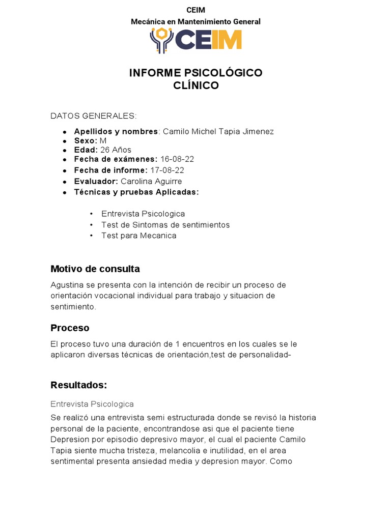 Modelo de Informe Psicológico Clínico | PDF | Crecimiento personal y ...