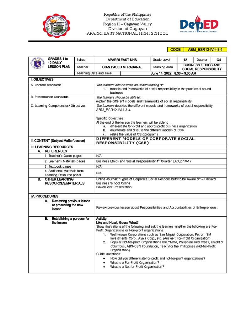 Grade 12 CSR Lesson Plan | PDF | Corporate Social Responsibility ...