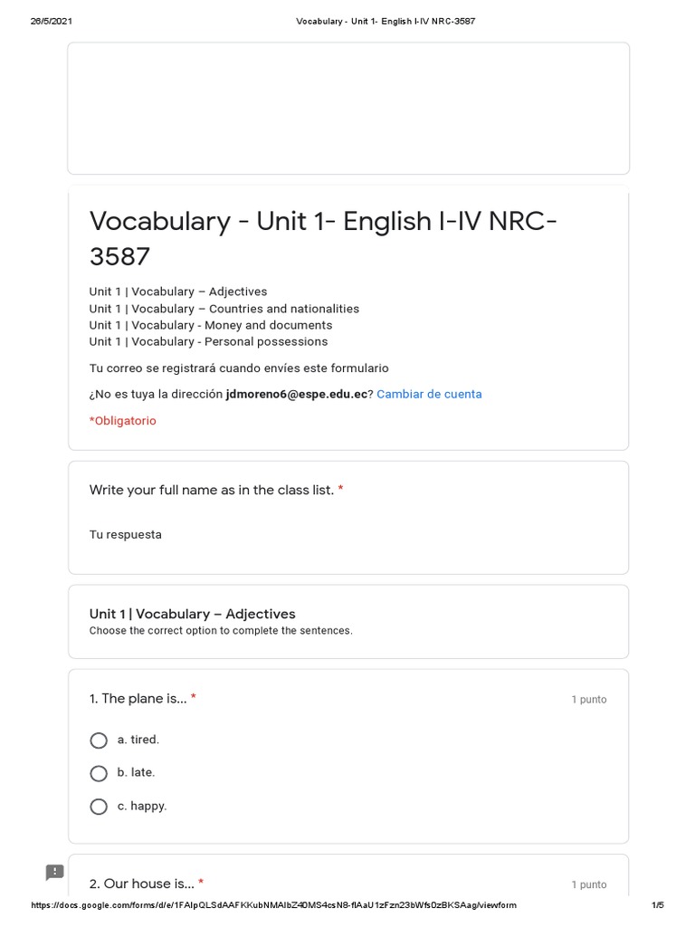 Vocabulary - Unit 1-English I-IV NRC - 3587: Write Your Full Name As in ...