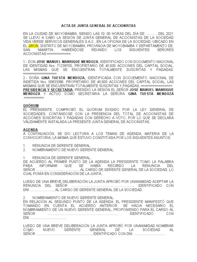 Acta de Junta General de Accionistas Renuncia Del Gerente General y ... Acta de Junta General de Accionistas Renuncia Del Gerente General y ...