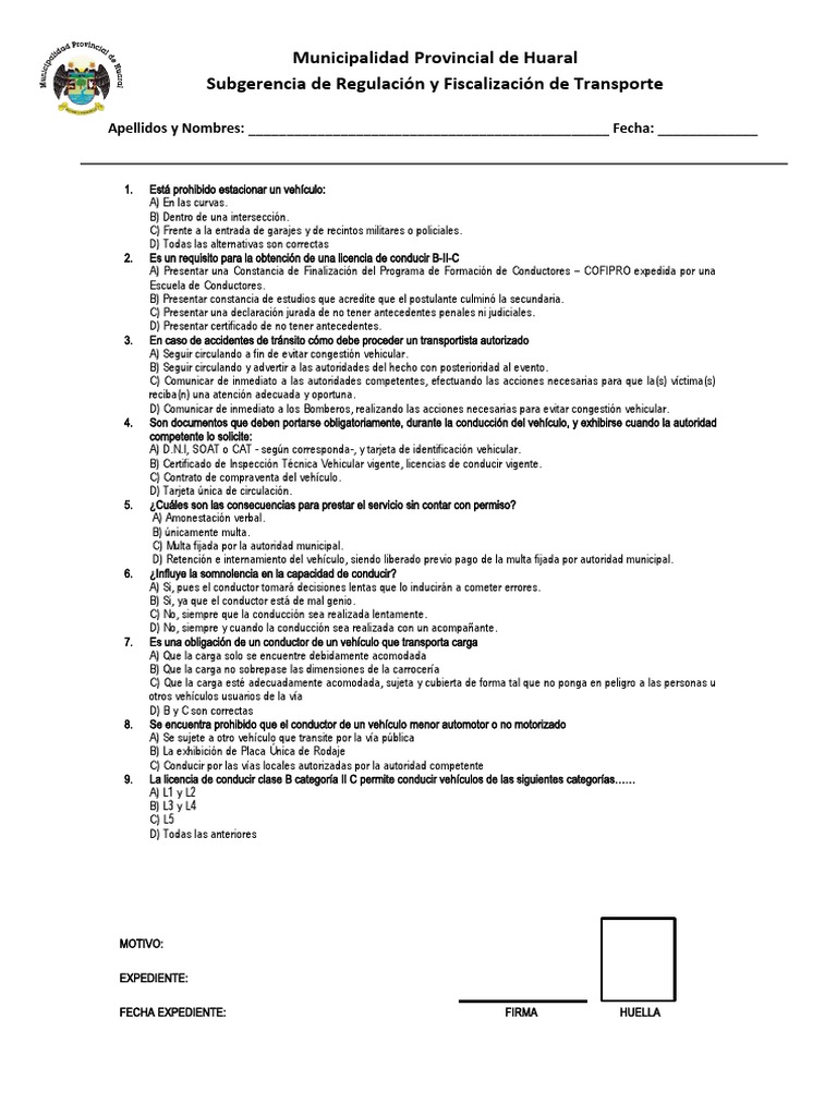 Examen Actualizado | PDF | Licencia de conducir | Transporte