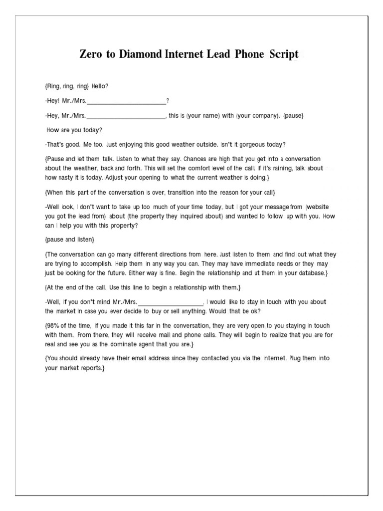 Zero To Diamond Internet Lead Phone Script | PDF